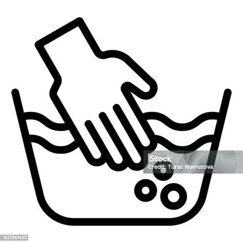 옷 라인 아이콘의 손 씻기 하얀색으로 분리된 분지 벡터 그림의 손 세탁 라벨 개요 스타일은 앱을 위해 설계되었습니다 가사