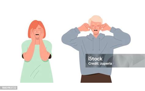 젊은 화난 남자와 여자 만화 캐릭터 울고 흐느끼는 눈물을 닦는 벡터 일러스트 레이 션 남자에 대한 스톡 벡터 아트 및 기타 이미지 남자 등장인물 아바타 Istock