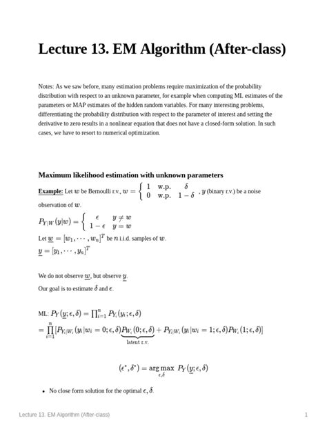 Lecture 13 Em Algorithm After Class Pdf Applied Mathematics