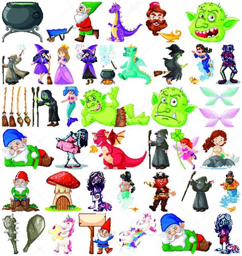 Conjunto De Personajes De Dibujos Animados De Fantasía Y Tema De Fantasía Aislado Sobre Fondo
