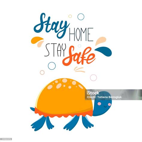 귀여운 거북이의 손으로 그린 벡터 일러스트 문자 따옴표 집에 안전하게 머물 동기 부여 포스터 스칸디나비아 스타일의 플랫 디자인