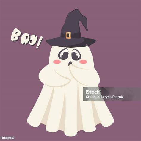 마법사의 모자에 만화 무서운 유령 귀여운 얼굴 표정을 가진 할로윈 재미있는 캐릭터 검은 배경에 고립된 만화 정신 할로윈 파티 휴일 카드에 대한 벡터 평면 그림 0명에 대한