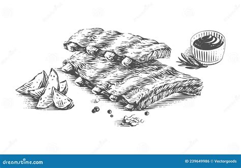 Pork Ribs Hand Drawing Sketch Engraving Illustration Style Stock Vector Illustration Of
