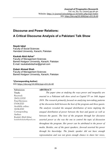 Pdf Discourse And Power Relations A Critical Discourse Analysis Of A Pakistani Talk Show