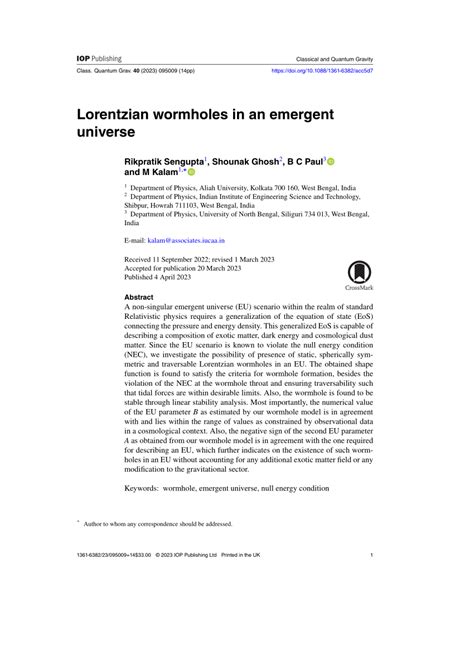 Lorentzian Wormholes In An Emergent Universe Request Pdf