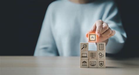 여성의 손은 Ai 아이콘이 있는 나무 블록을 선택합니다 Ai 분석 자동화 및 자율 두뇌를 사용하는 인공 지능의 개념 비즈니스 통신 컴퓨터 연결 정보 인텔리전스 기술 가상