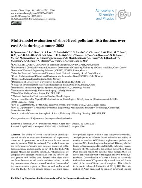 Pdf Multi Model Evaluation Of Short Lived Pollutant Distributions Over East Asia During Summer