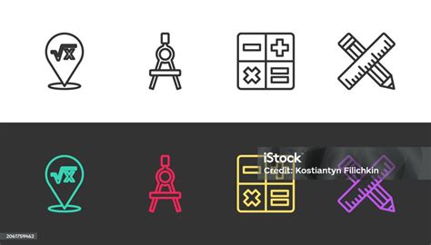 Set Line Square Root Of X Glyph Drawing Compass Calculator And Crossed Ruler And Pencil On Black
