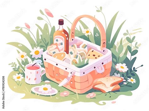 여름 공원에서 잔디에 담요에 음식 음료와 피크닉 바구니의 평면 디자인 도시락 소풍 비유적 미니멀리즘 스타일 흰색 배경 유기적 모양과 선 부드러운 선 부드러운 색상