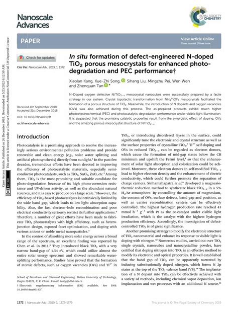 Pdf In Situ Formation Of Defect Engineered N Doped Tio2 Porous