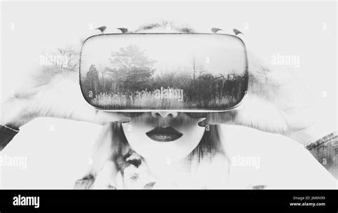 Attractive Woman Wearing Virtual Reality Glasses Vr Headset Doble