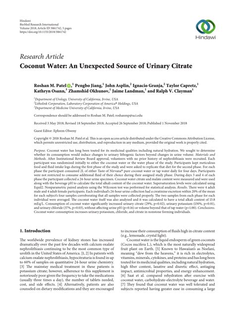 Pdf Coconut Water An Unexpected Source Of Urinary Citrate