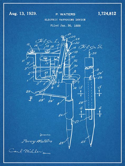 1929 Electric Tattooing Device Patent Print Blueprint Drawing By Greg