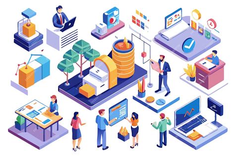 Isometric Illustration Of A Business Team Working On A Project Brainstorming Ideas And Analyzing