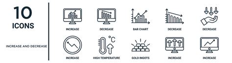 증가 및 감소 개요 아이콘 세트에는 가는 선 증가 막대 차트 감소 고온 증가 보고서 아이콘 프레젠테이션 다이어그램 웹 디자인이 포함됩니다 0명에 대한 스톡 벡터 아트 및