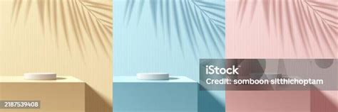 3d 베이지색 파란색 분홍색 원통형 연단 배경 세트 와 코코넛 잎 그림자 장면 미니멀리스트 모형 받침대 추상 제품 디스플레이 프리젠 테이션 쇼케이스를 위한 무대 벡터 플랫폼