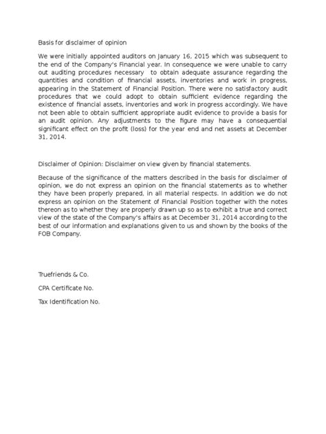Sample Basis For Disclaimer Of Opinion Pdf