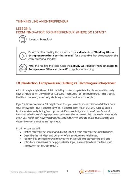Lesson 1 Handout Pre Review Pdf Entrepreneurship Mindset