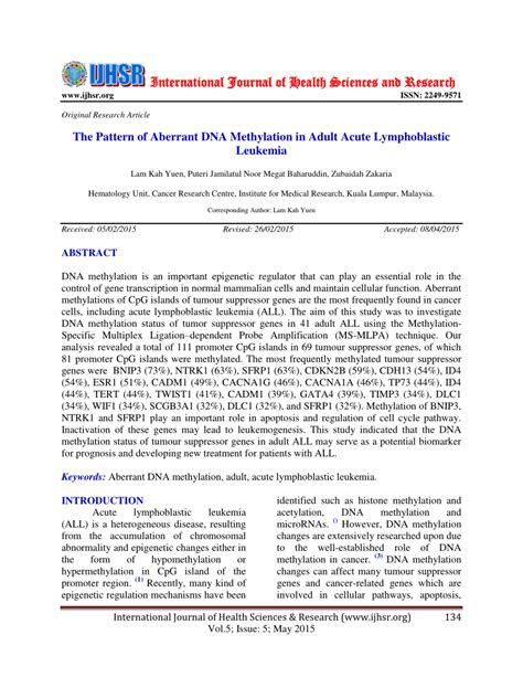 Pdf The Pattern Of Aberrant Dna Methylation In Adult Acute