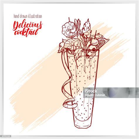 맛 있는 신선한 블러 디 메리 칵테일 새우 라임 올리브와 셀러리와 함께 스케치 카드 손 제목 글자 손으로 그림을 그려 블러디 메리에 대한 스톡 벡터 아트 및 기타 이미지