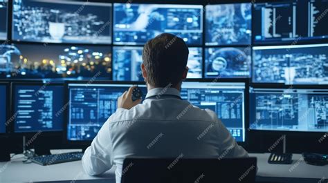 Security Analyst Monitoring Threats In Data Center Implementing Cybersecurity Measures Premium