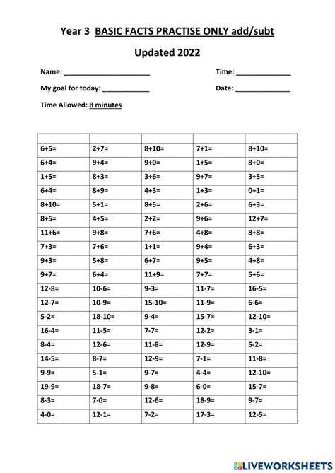 Basic Fact Practice Worksheet Live Worksheets