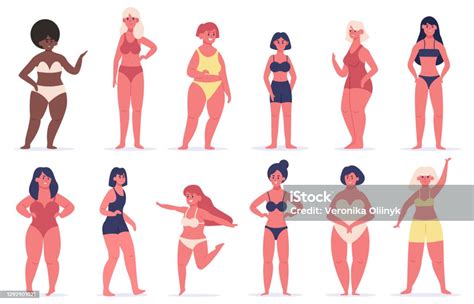 몸 긍정적 인 여자 다른 그림 유형 크기 및 높이의 다민족 여성 그룹 뷰티 다이버시티 벡터 일러스트레이션 세트 개념에 대한 스톡 벡터 아트 및 기타 이미지 Istock