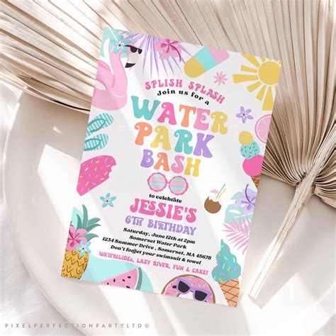 Editable Water Park Birthday Party Invitation Tropical Splish Splash Girly Pool Party Invite