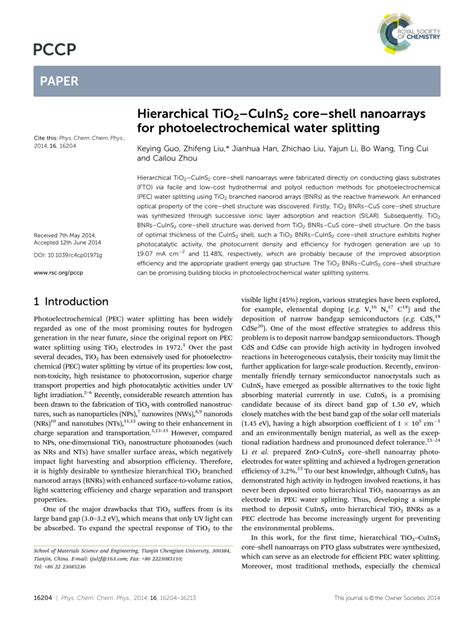 Pdf Hierarchical Tio2 Cuins2 Core Shell Nanoarrays For Photoelectrochemical Water Splitting
