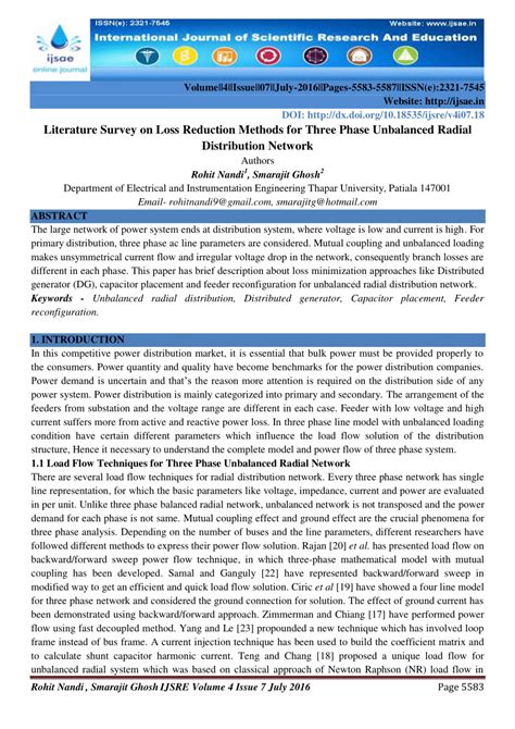 Pdf Literature Survey On Loss Reduction Methods For Three Phase Unbalanced Radial Distribution