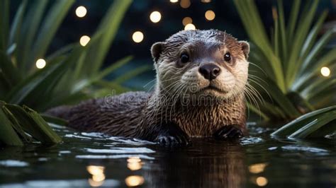 Adorable Otter In The Night Aquatic Mammal Portrait Stock Illustration