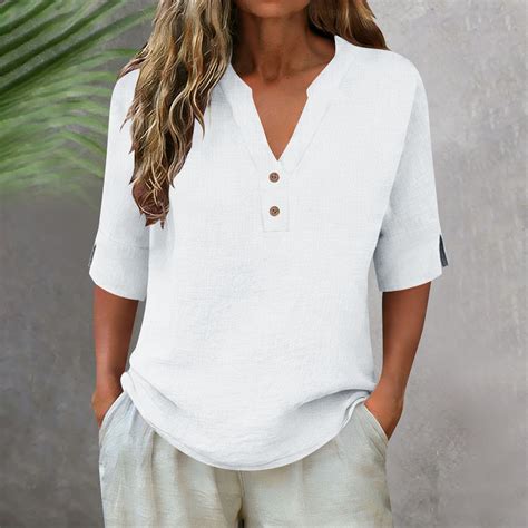Hombom Womens Shirts Spring White Cotton Linen Short Sleeve Solid