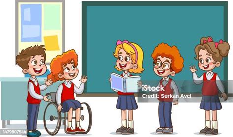 교복을 입은 쾌활한 다양한 아이들이 테이블에 앉아 수업을 즐기고 있다 공부에 대한 스톡 벡터 아트 및 기타 이미지 공부 교실 교육 Istock