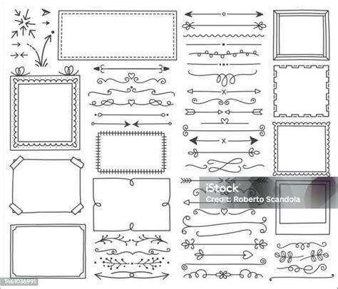 검은색 펜 마커 사각형 및 사각형 모양 컬렉션입니다 프레임 스페이서 분배기 등이있는 장식 요소의 완전한 세트 프레임에 대한 스톡 벡터 아트 및 기타 이미지 Istock