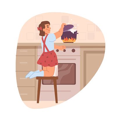 Ilustración De Niña Hirviendo Agua En La Estufa Riesgo De Quemarse O