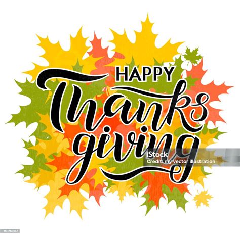 벡터 일러스트입니다 행복 한 추수 감사절 타이포 그래피 벡터 디자인 인사말 카드와 메이플 단풍과 흰색 배경에 포스터에 대 한 추수 감사절 아름 다운 비문 브러시 레터링