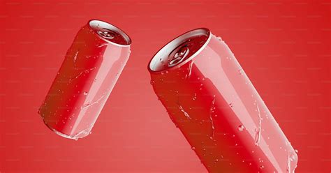 빨간색 배경 위에 물방울이 있는 두 개의 빈 빨간색 알루미늄 캔 탄산 음료 또는 맥주 포장의 개념입니다 3d 렌더링 사진 Unsplash의 탄산 이미지