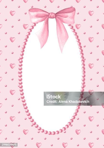 핑크 구슬 하트 활 및 타원형 목걸이가 있는 수직 엽서 템플릿 A4 요괴 코어 수채화 고립 된 손으로 그리기 그림 와 텍스트 공백 와 로맨틱한 초대장 웨딩 디자인 0명에