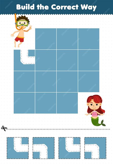 어린이를 위한 교육 게임은 귀여운 만화 다이버가 인어 인쇄 가능한 수중 워크시트로 이동하는 데 도움이 되는 올바른 방법을