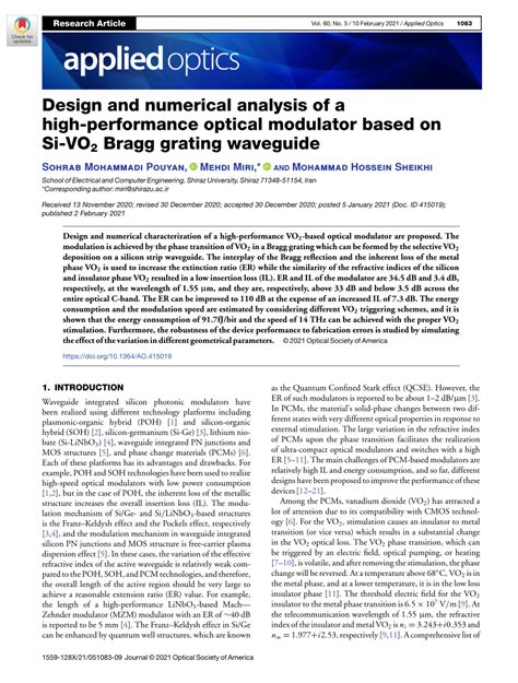 Pdf Design And Numerical Analysis Of A High Performance Optical Modulator Based On Si Vo2