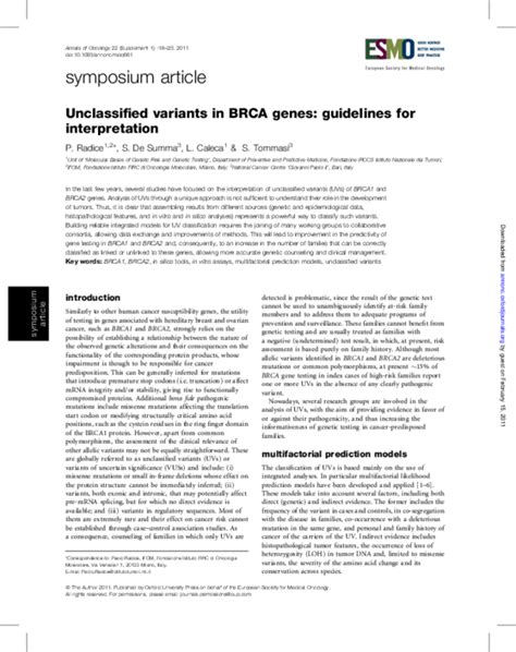 Pdf Unclassified Variants In Brca Genes Guidelines For Interpretation