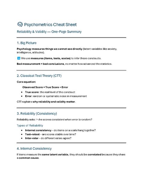 Psychometrics Cheat Sheet Reliability And Validity Summary Psyc375