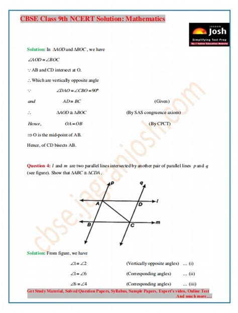 Ncert Solutions For Class 9 Maths Exercise 71 Chapter 7 Triangles
