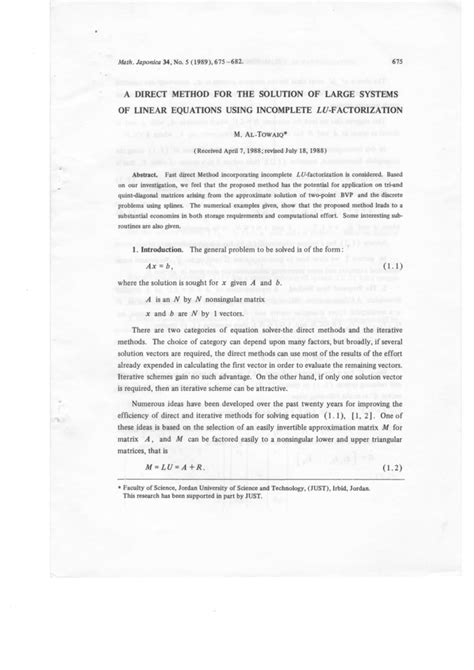 Pdf A Direct Method For The Solution Of Large Systems Of Linear Equations Using Incomplete Lu Pdf A Direct Method For The Solution Of Large Systems Of Linear Equations Using Incomplete Lu