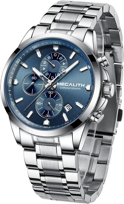 Megalith Mens Watches Silver Stainless Steel Chronograph Analogue Wrist
