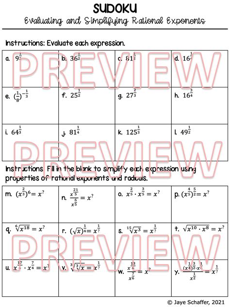 Evaluating And Simplifying Rational Exponents Sudoku Puzzle Made Worksheets Library