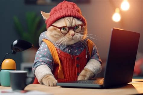 Premium Ai Image Cat Designer In A Knitted Hat And Glasses Working On A Laptop