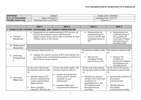 00 Matatag Lesson Exemplar Tle Ict7w1v2 Pdf Education Industry