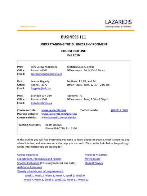 F16 Bu111 Course Outline All Sections Pdf Lecture Turnitin