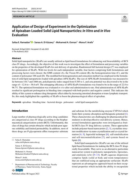 Pdf Application Of Design Of Experiment In The Optimization Of Apixaban Loaded Solid Lipid